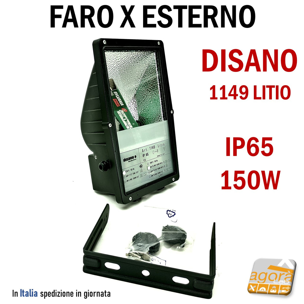 FARO X ESTERNO DISANO PUNTO 1149 LITIO IP65 150W NERO 230V CON STAFFA ...