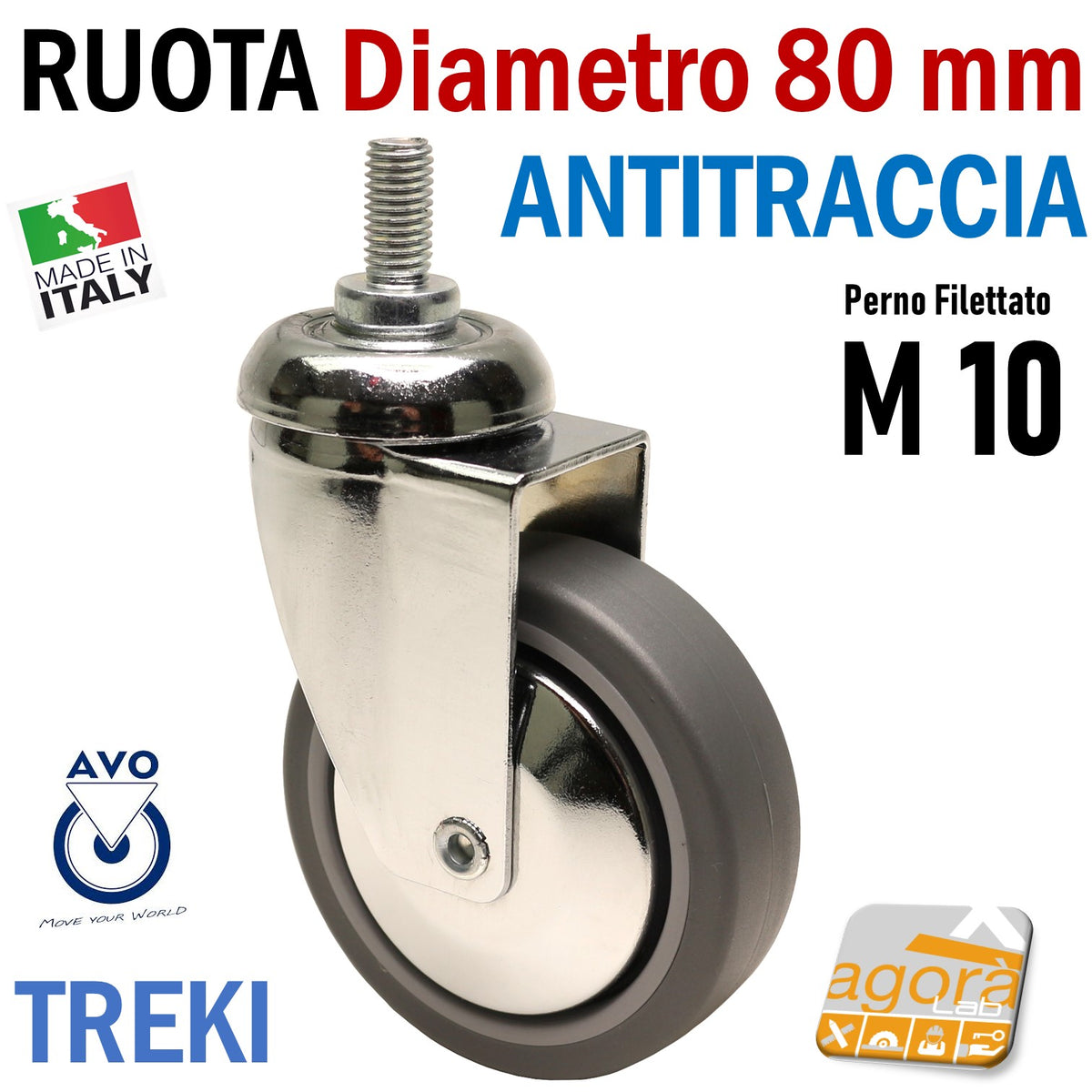 RUOTA ANTITRACCIA GIREVOLE DIAMETRO 80MM CON PERNO FILETTATO M10 CON F ...